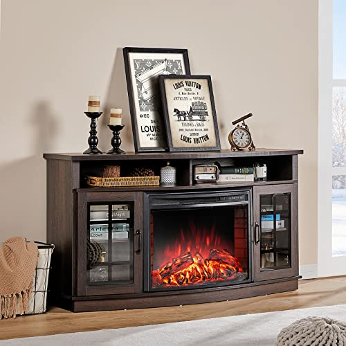 LUXOAK 59" Curved Fireplace TV Console, Entertainment Center Table with Open Shelves and Farmhouse Glass Door Media TV Cabinet Stand for TVs up to 65 Inches, Dark Walnut