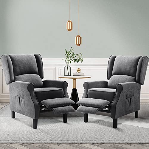 LEISLAND Wingback Recliner Chair for Living Room Fabric Lazyboy Push Back Chair with Heat and Massage, Tufted Armchair with Padded Seat,Grey(Set of 2)