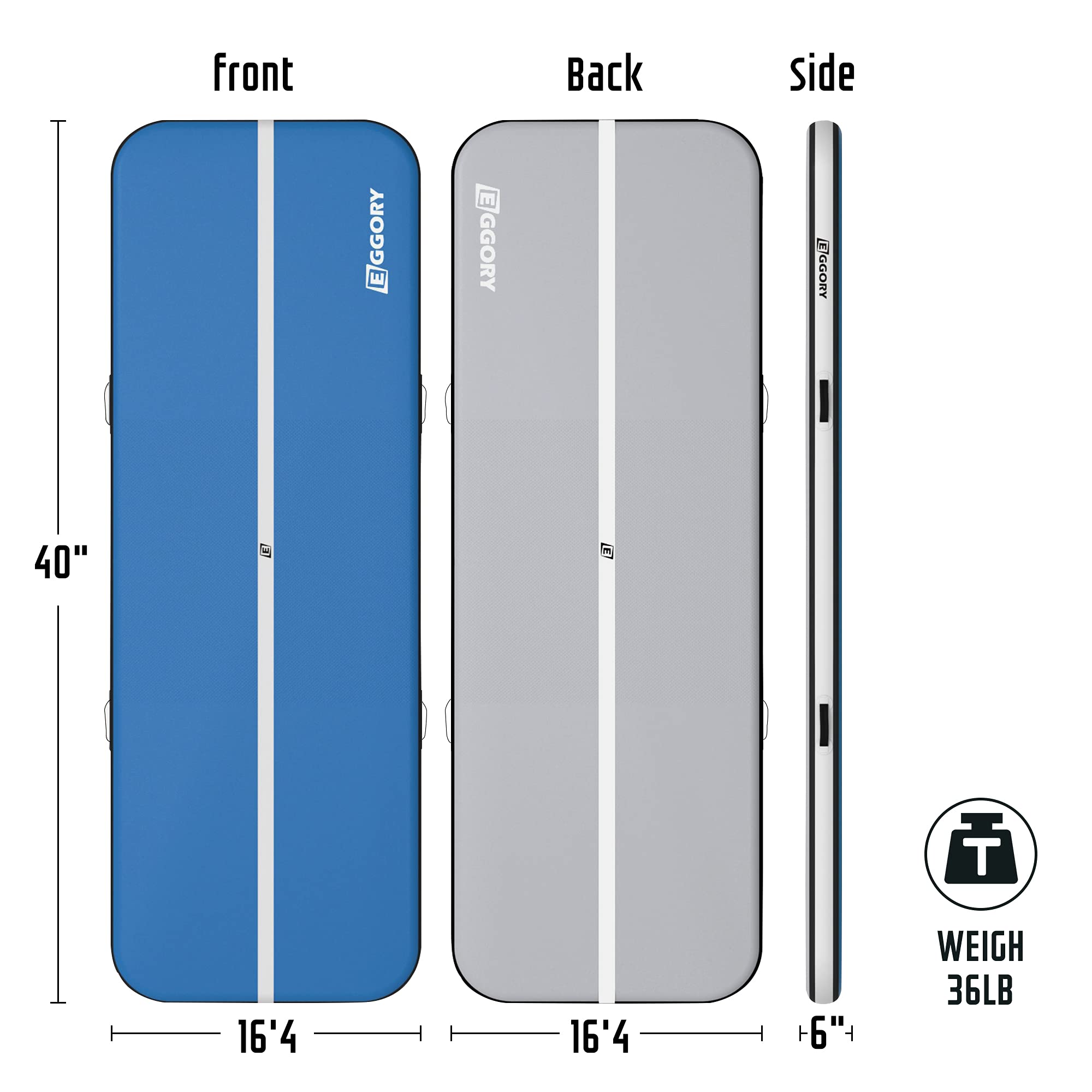 EGGORY 13/16ft Inflatable Gymnastics Air Cushion, 6 Inch Thick Flat Bottom Slide Mat, Suitable for Home Training/Yoga and Gymnastics Training/Water Fun (16.4'x40"x6"(5*1*0.15m）, blue)