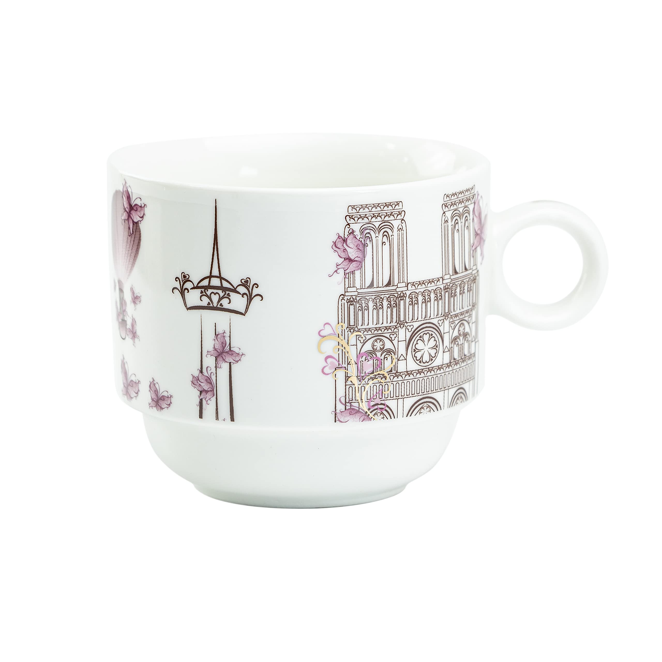 Grace Teaware Stackable Coffee Tea Mug 10-Ounce Set of 4 with White Metal Stand (Paris Eiffel Tower Pink Gold)