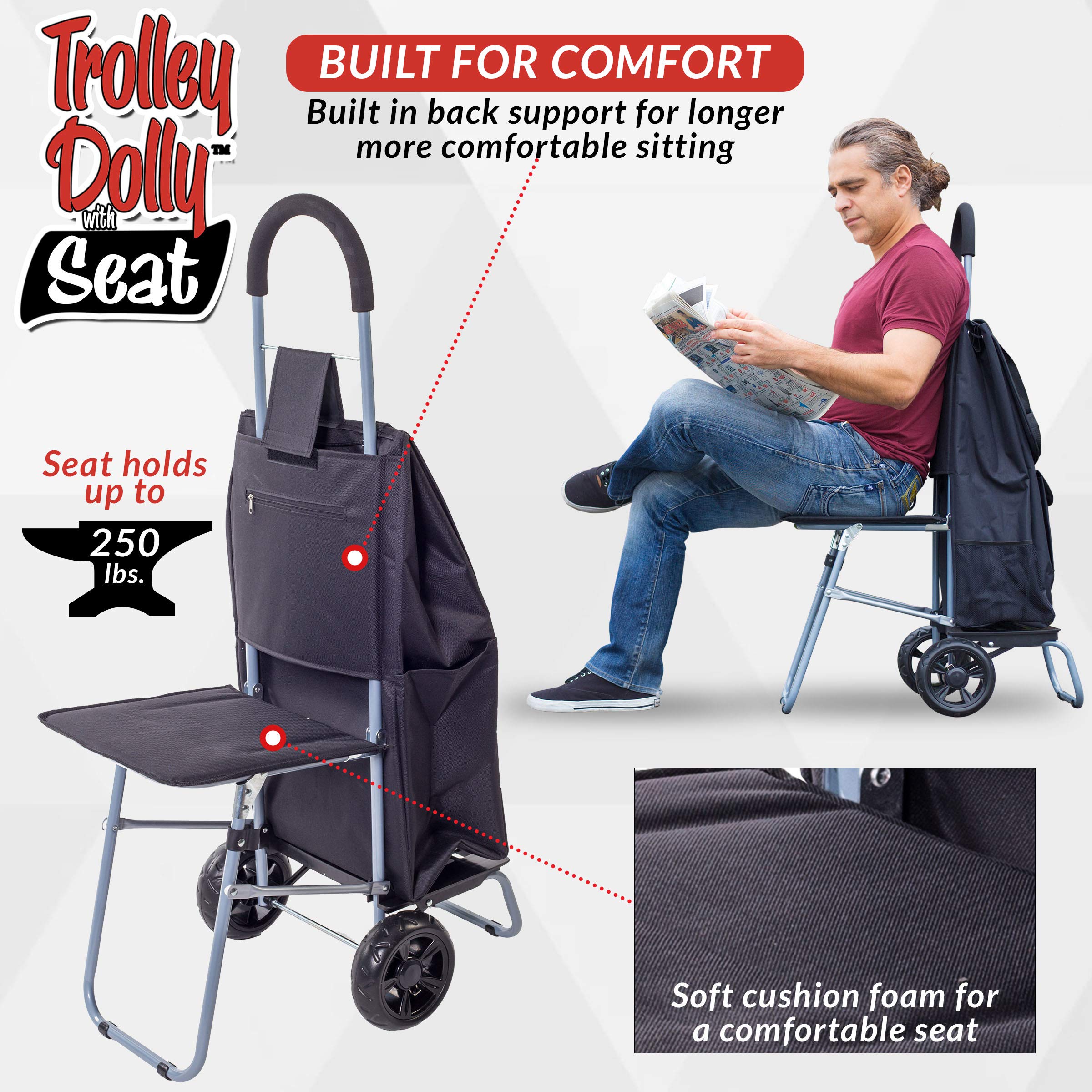 dbest products Trolley Dolly with Seat, Black Shopping Grocery Foldable Cart Tailgate