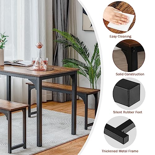NAFORT 3-Piece Dining Table Set for 4, Kitchen Table with 2 Benches, 43.5ββ Space Saving Dining Room Table with Metal Frame & Solid MDF Wood Board, Ideal for Home, Restaurant, Patio Outdoor