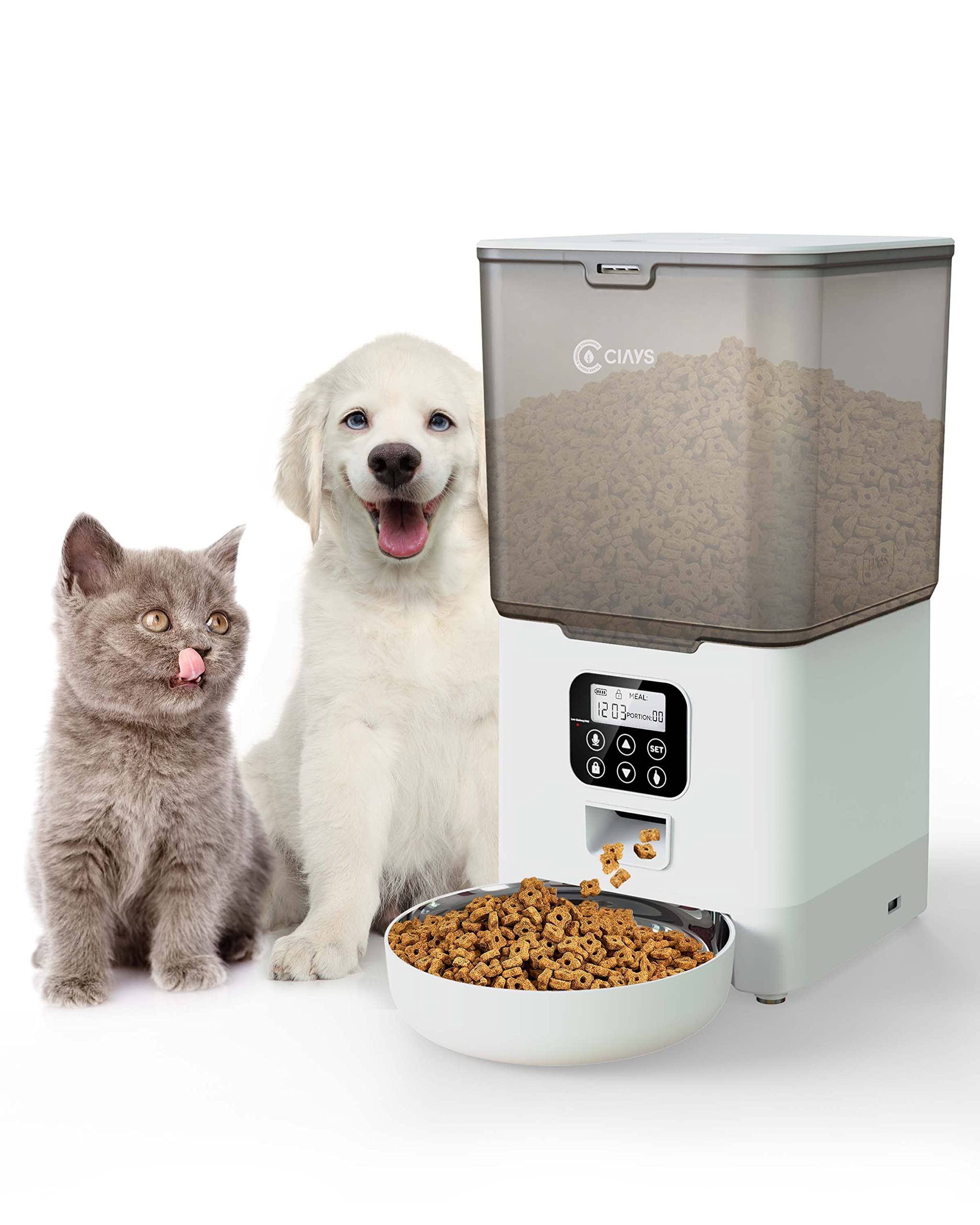Ciays Automatic Cat Feeder, 5.6L, Control 4 Meals Per Day, Pet Dry Food Dispenser, Dual Power Supply & Voice Recorder, White