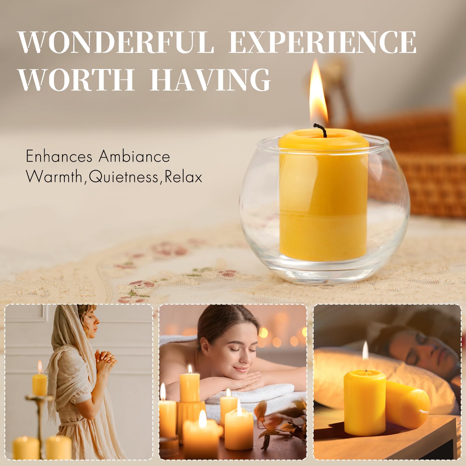 GINITIRI Natural Beeswax Votive Candles,11-12 Hours Unscented Votive Candles Bulk,6 Pack Votive Candles for Prayers,100% Pure Beeswax Candles Small Beeswax Candles for Spa Relax