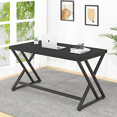 LVB Black Computer Desk, Modern Gaming PC Writing Desk for Home Office, Metal Computer Study Work Table for Bedroom, Industrial Executive Student Simple Workstation Desk with Storage, 55 In, Black Oak