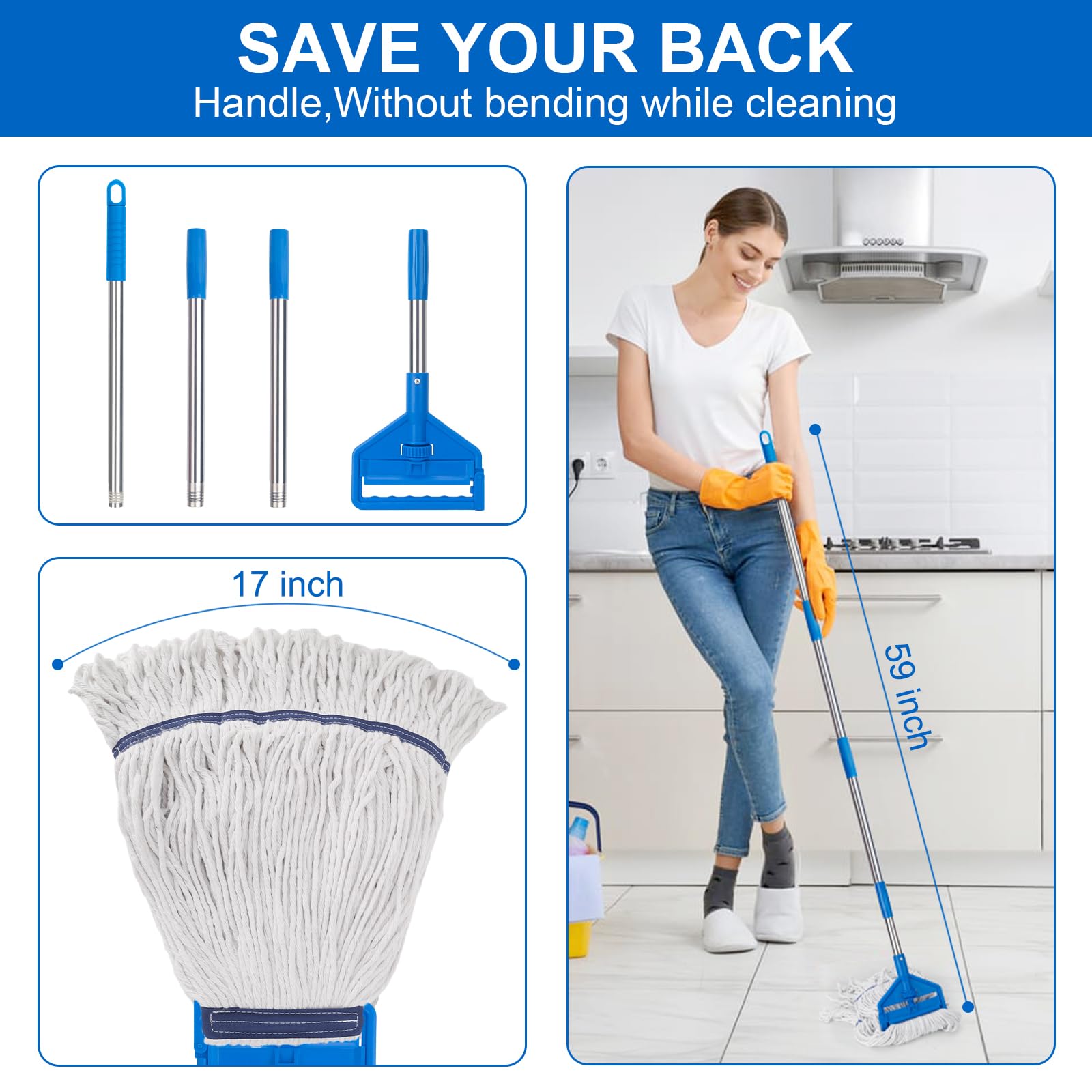 KeFanta Commercial Mop 60 inch Heavy Duty Industrial Wet Mops with Long Handle,Looped-End String Cotton Mop for Home, Kitchen,Garage,Office and Concrete/Tile Floor Cleaning
