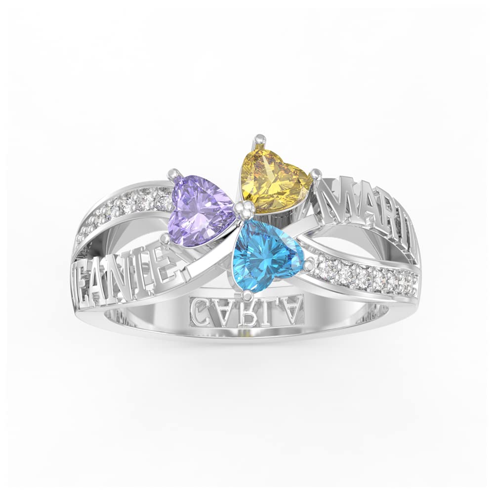 Custom Name Ring Creative 3D 925 Sterling Silver Birthstone Rings for Women Mother Dainty Bride Engagement Ring Personalized Promise Rings for Her (3 NAMES)
