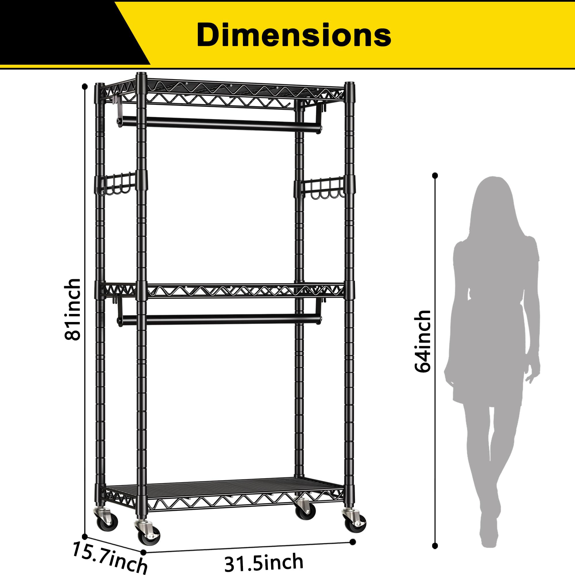 GIOTORENT G11 Heavy Duty Rolling Garment Rack, 3 Tier Metal Clothes Rack with Rod & Hooks, Freestanding Wardrobe Clothing Storage Rack, Portable Closet Organizer Rack, Max Load 450 LBS, Black