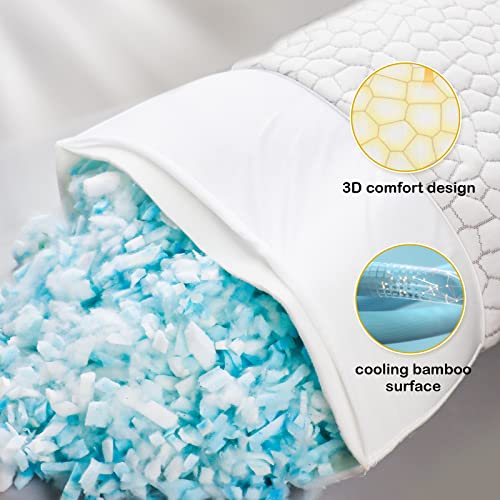 Cooling Pillows 2 Pack, Luxury Shredded Memory Foam Pillows Queen Size Set of 2, Cool Pillows for Side Sleepers Back Stomach Gel Bed Pillows for Sleeping with Removable Cover Rayon Derived from