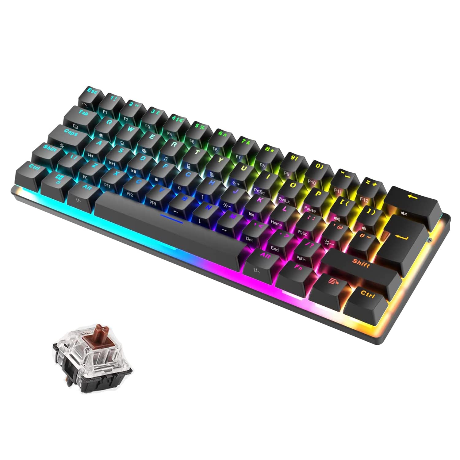 Compact 60% Mechanical Gaming Keyboard with Ergonomic Anti-ghosting Mini 61 Key Layout Rainbow RGB Backlight Waterproof Metal Plate Type-C USB Wired for PC Mac Gamer Office Typist (Black/Brown Switch)