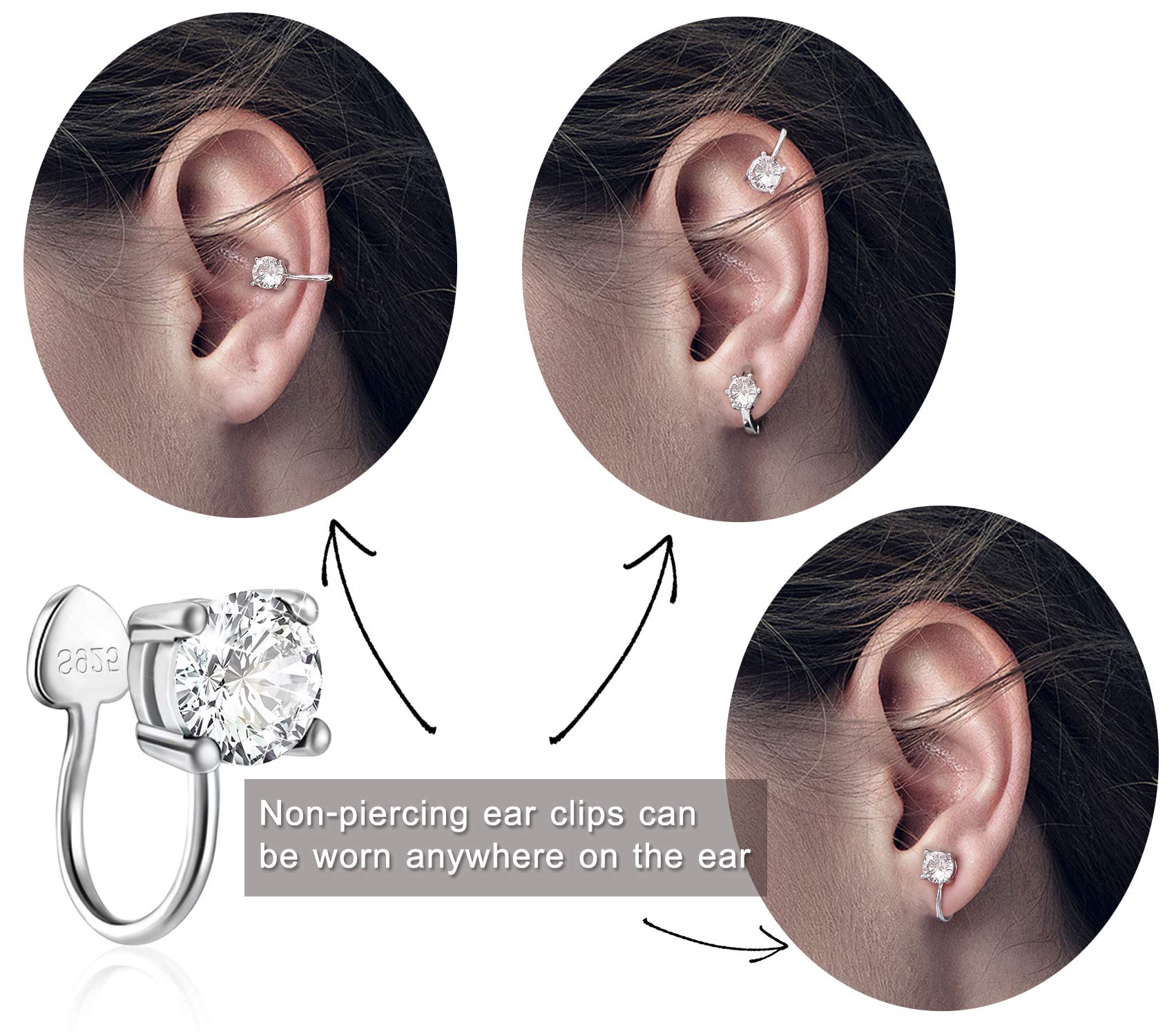 Cubic Zirconia Ear Cuffs - Sterling Silver Hypoallergenic Non-Piercing Cartilage Earrings CZ Clip on Earrings Round Crystal Stud Earrings for Women 6mm