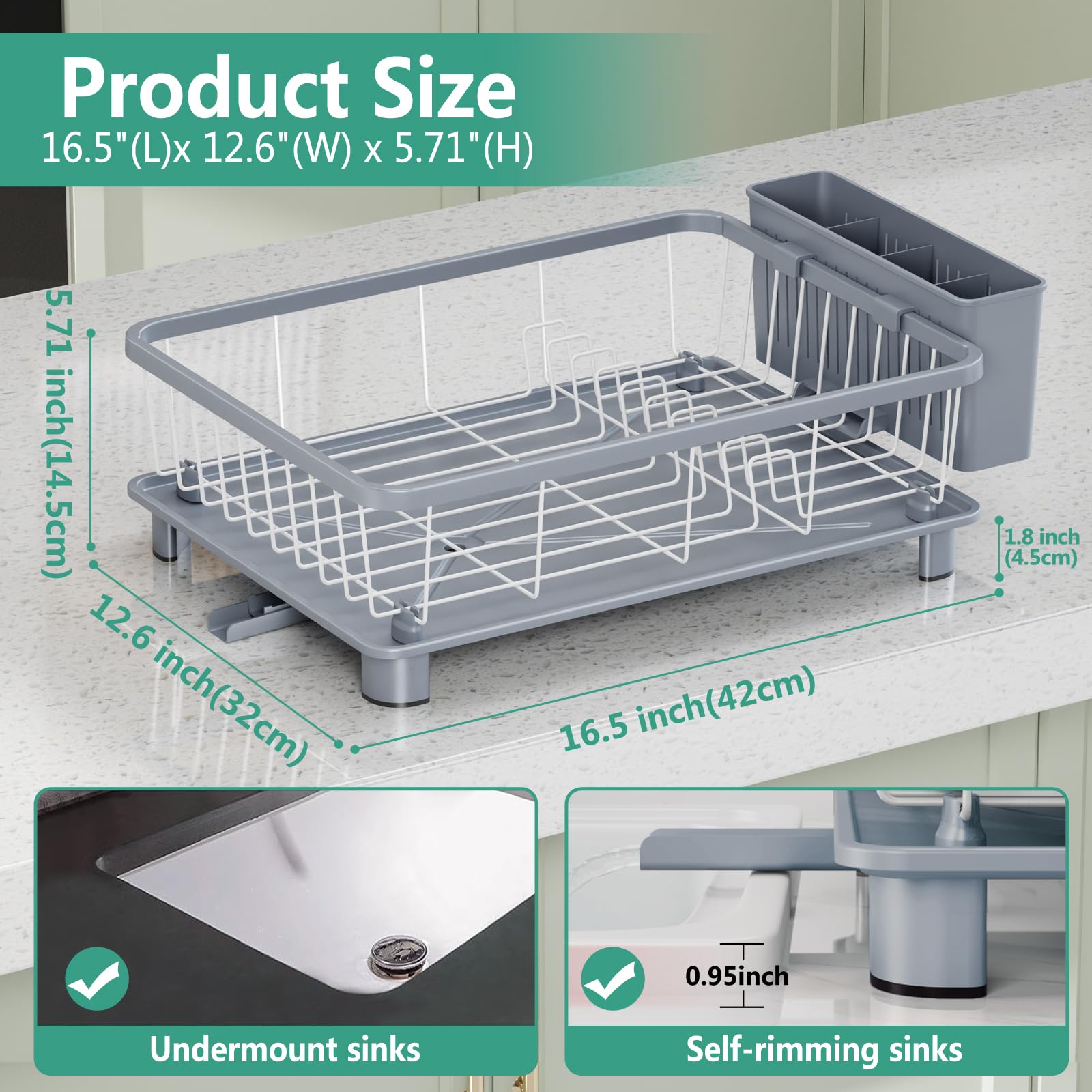 Hiviweer Dish Drying Rack - Space-Saving Dish Rack,Dish Racks for Kitchen Counter with Drainboard, Rustproof Dish Drainer with a Removable 4-Compartment Utensil Holder,Gray