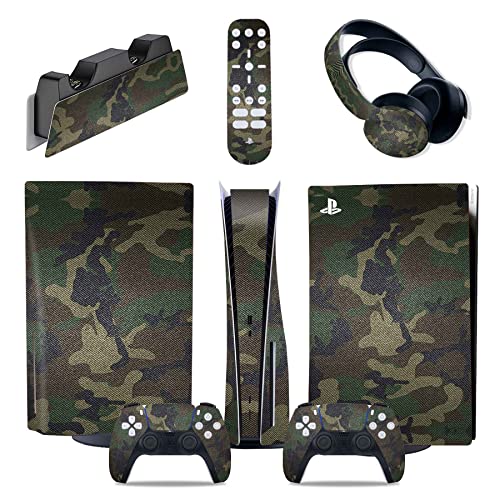 Full Set Skin Decal for PS5 Console Disc Edition Sticker Vinyl Decal Cover for PS5 Controller & Charging Station & Headset & Media Remote Camouflage
