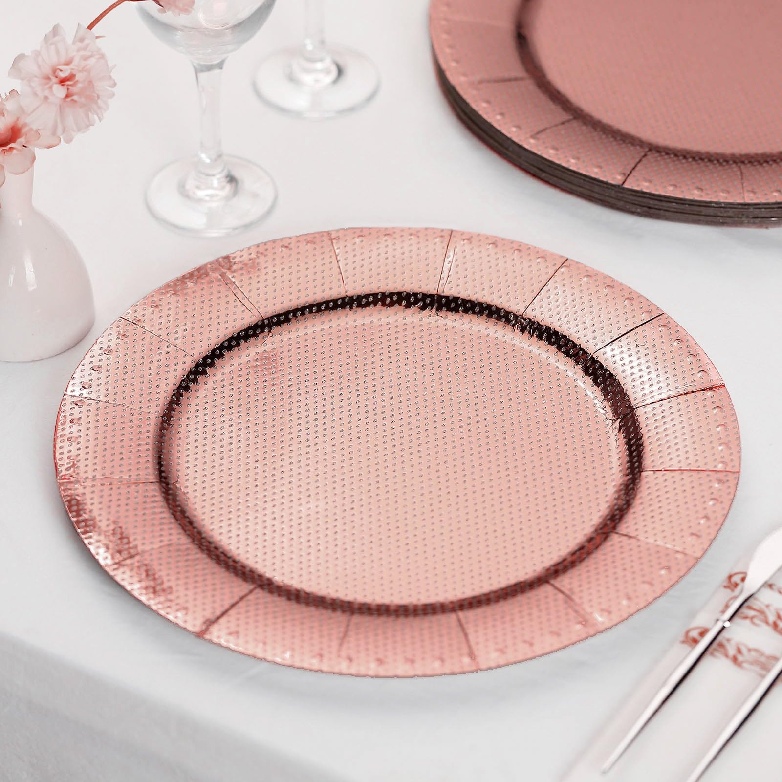 Efavormart 10 Pack | 13" Rose Gold Disposable Charger Plates, Cardboard Serving Tray, Round with Glitter Texture Dotted Rims - 1100 GSM