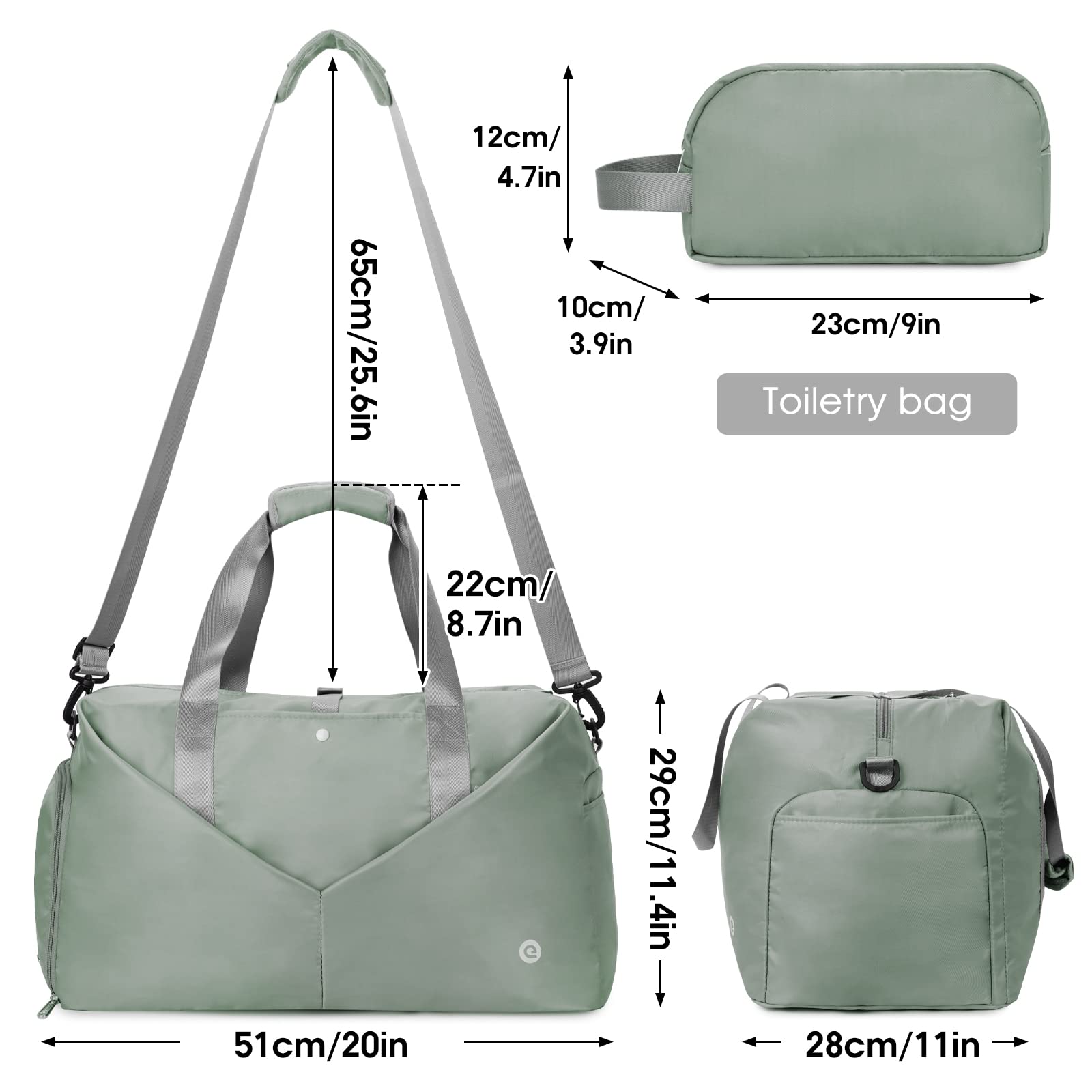 Ceneda 20" Gym Duffel Bag with Wet Pocket Shoes Compartment Portable Overnight Weekender Bag Travel bag Yoga Bag for Women (Celadon)
