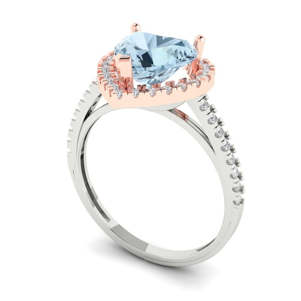 Clara Pucci 2.3ct Heart Cut Solitaire Halo Sky Blue Aquamarine Designer Wedding Bridal art deco Anniversary Ring 14k 2 Tone Gold 11