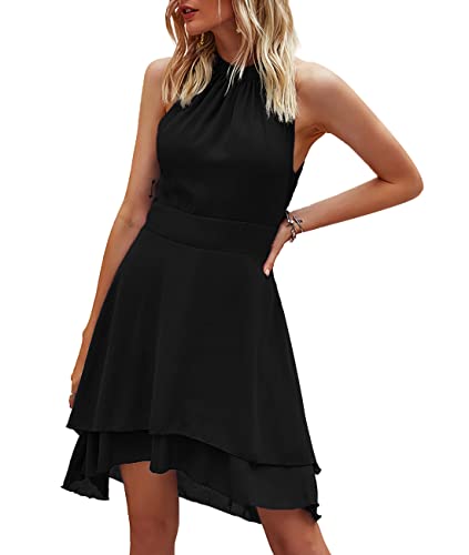 LYANER Women's Halter Sleeveless Pleated Layer Ruffle Hem Elegant Workwear Mini Dress Solid Black Medium