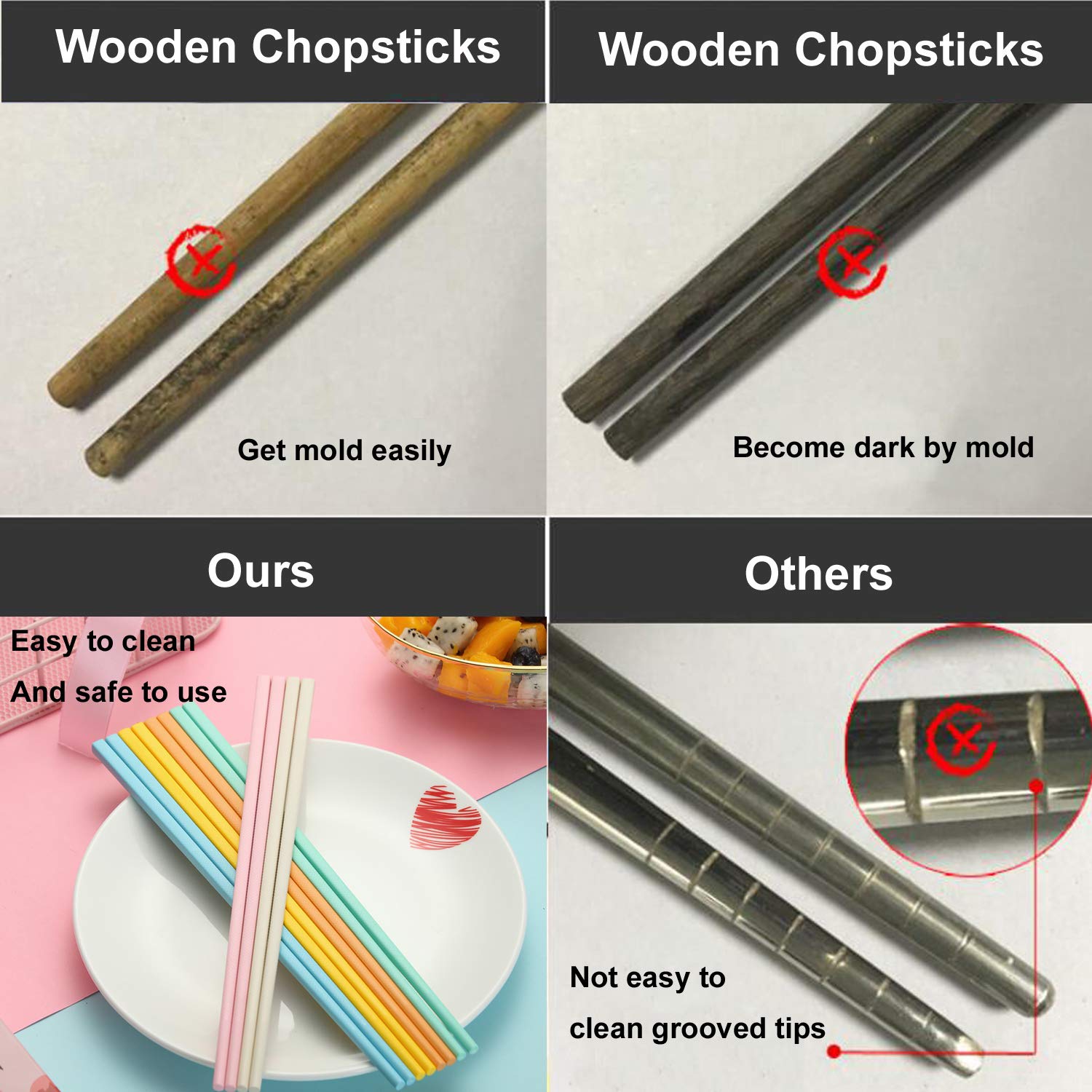 Dtdepth Fiberglass Chopsticks - 6 Pairs Pink Reusable Dishwasher Safe Chopsticks, Lightweight, Easy to Use, 9.48 Inch/24.1cm - Gift Set