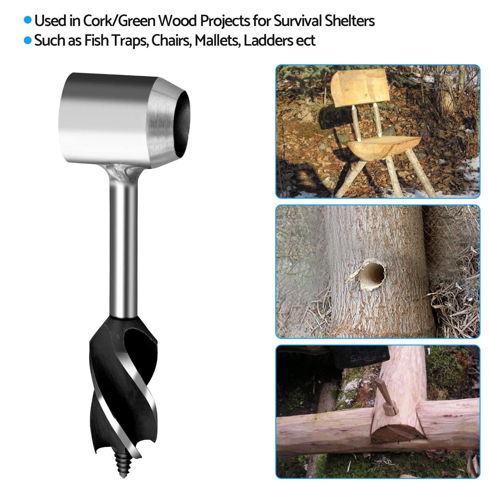 eSynic Bushcraft Hand Auger Wrench, eSynic Scotch Eye Wood Auger with Leather Holster and Rubber Hammer, Survival Tools for Bushcraft Woodworking Hand Drill Set for Outdoor, Camping, Peg Hole Maker