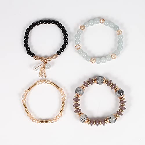 Solosoya Bohemian Stackable Bracelets Set for Women Multipack Multilayer Girls Elastic Rope Boho Colorful Stack Beads Bright Beaded Bracelets with Clear Vertebral Pendant Handmade Ladies Stretch Jewelry Accessories 6 Pack