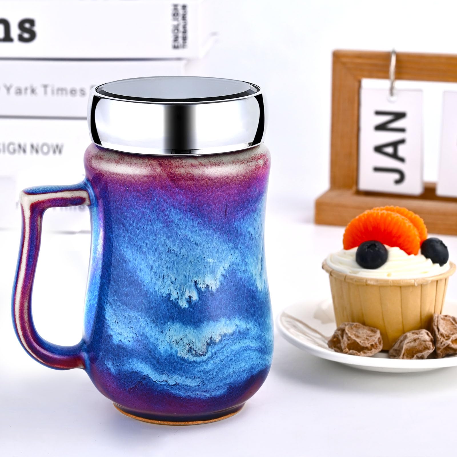 KaiCarnte Ceramic Mug,Large Ceramic Coffee Mug with Lid,14 Oz,Handmade Pottery Mug with Large Handle,Tea Cup Ceramic for Home Office,Dishwasher and Microwave Safe