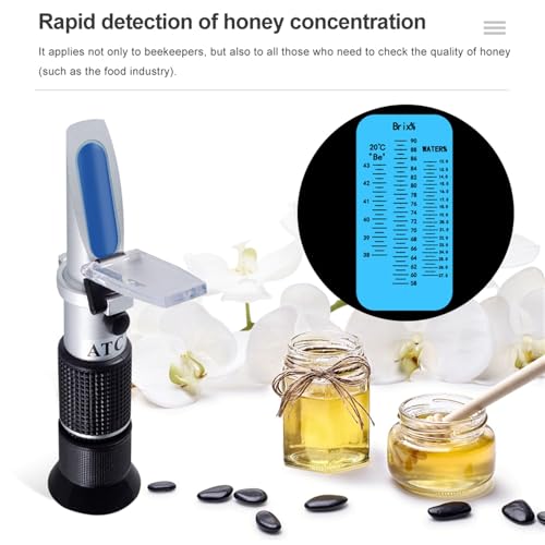 KYKYK Refractometer, 3 in 1 Handheld Honey Refractometer Moisture Baume Brix Scale Range 58-90% Sugar Refraction Tester for Fruit, Homebrewing, Juice, Vegetables