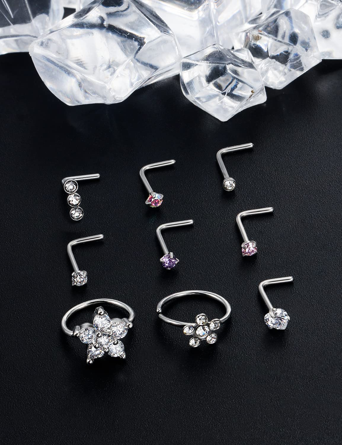 Eakxnig 20G Surgical steel Nose rings hoops L Shaped nose Stud CZ Opal Flower nose piercing Kit nostril Piercing Studs Small Nose Sutd Cute Nose Piercing Studs
