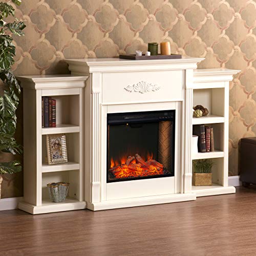 SEI Furniture Tennyson Alexa-Enabled Electric Bookcases Fireplace, Ivory