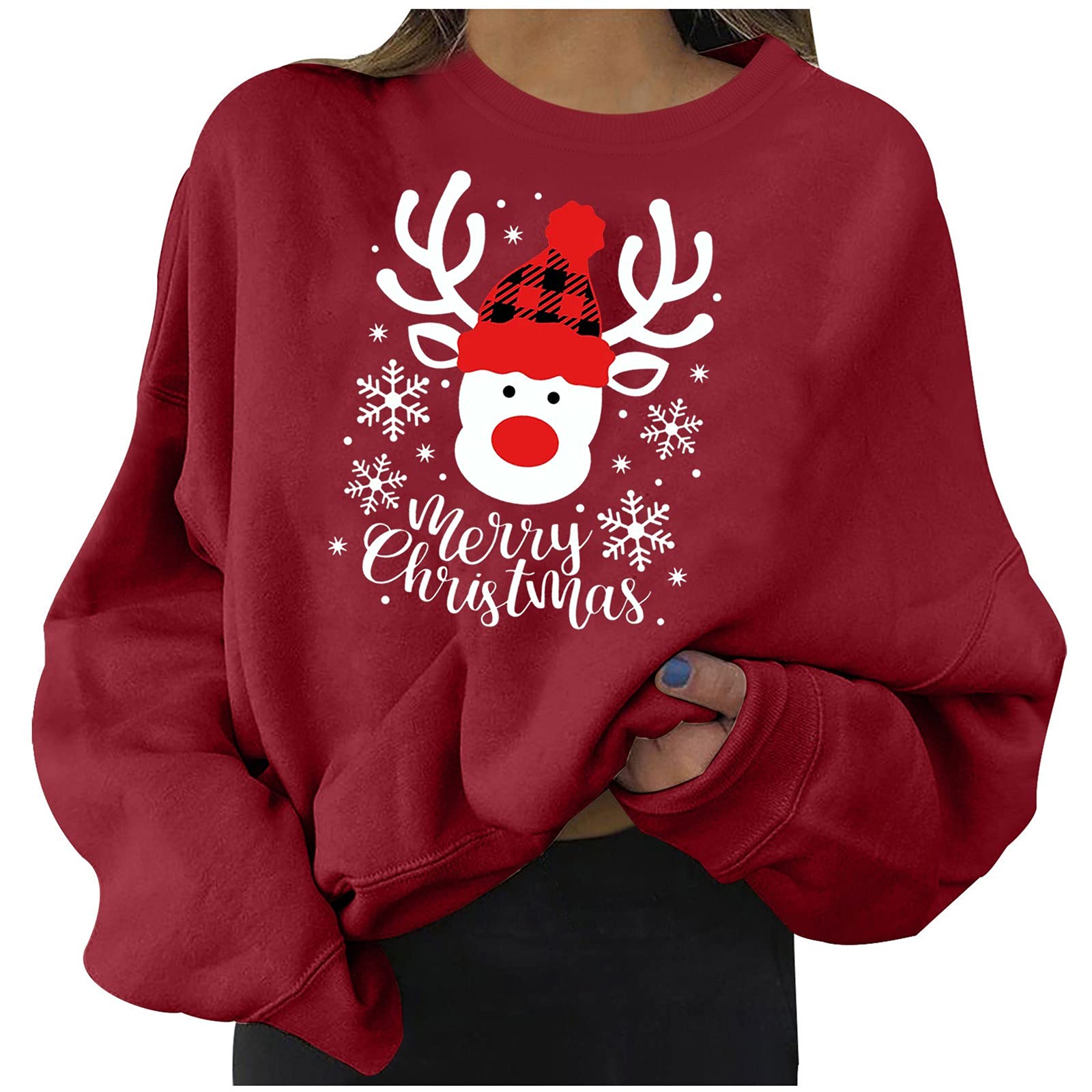 GuangYuan Women Long Sleeve Tshirt Round Neck Pullover Shirts Oversized Long Sleeve Tees Lightweight T Shirt Hoodies Christmas Tops Red