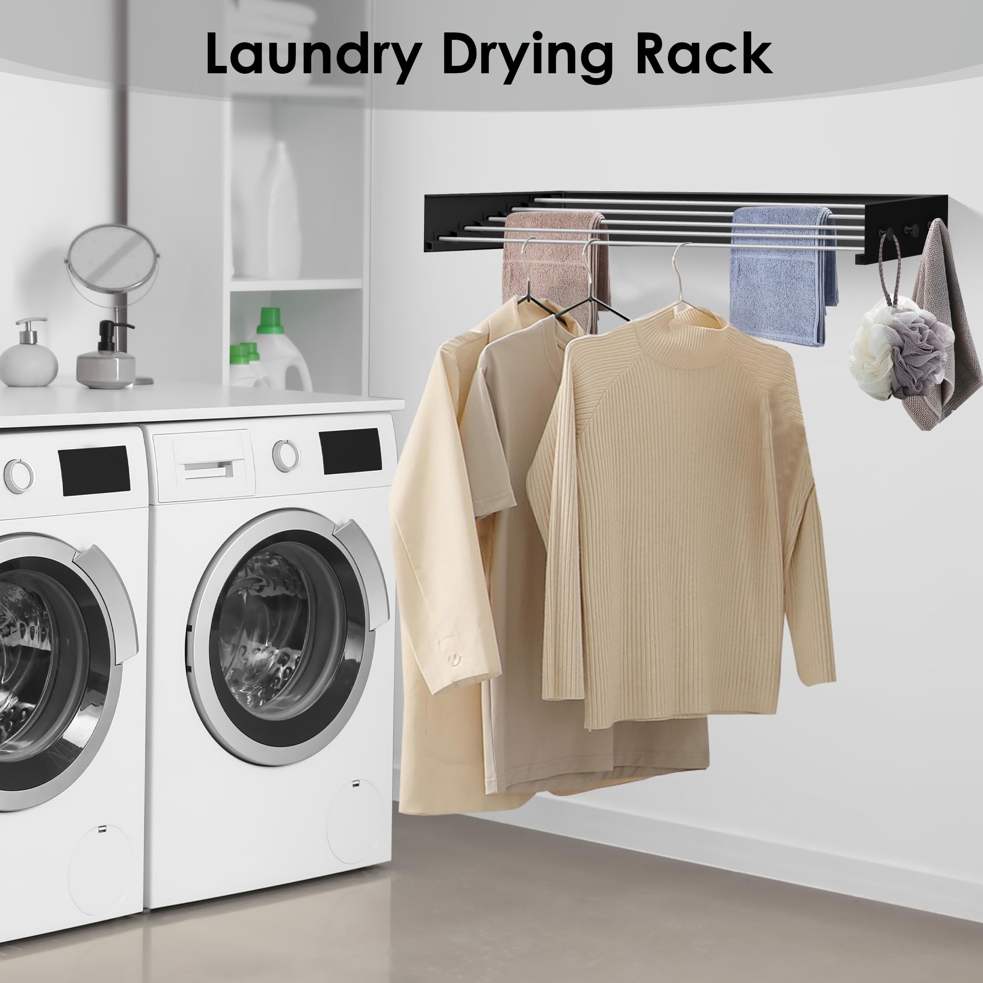 Qidordour Wall Mounted Clothes Drying Rack, Collapsible Laundry Rack with 6 Towel Hooks, Foldable Clothes Airer, 39.4 Inch 5-Rod Retractable Washing Line for Indoor Outdoor, Drying Space Saver, Black