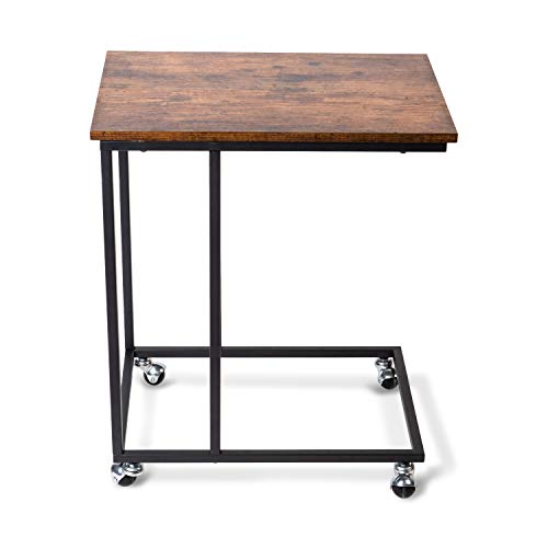 Zoyoleader C Shaped End Side Table, Vintage Sofa Couch Table with Wheel, Industrial Bedside Table with Metal Frame for Living Room, Bedroom, Rustic Brown (C Shape)
