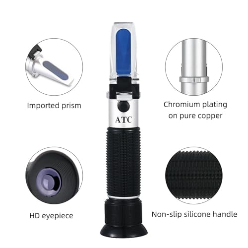 KYKYK Refractometer, Portable 3 in 1 Hand Held Grape & Alcohol Wine Refractometer (Brix, Baume and W25V/V Scales) for Fruit, Homebrewing, Juice, Vegetables