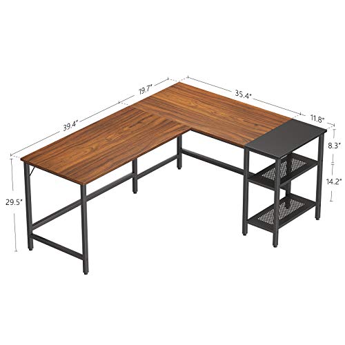 CubiCubi L Shape Computer Desk with Storage Shelf Study Writing Table for Home Office, Modern Simple Style PC Desk, Black Metal Frame