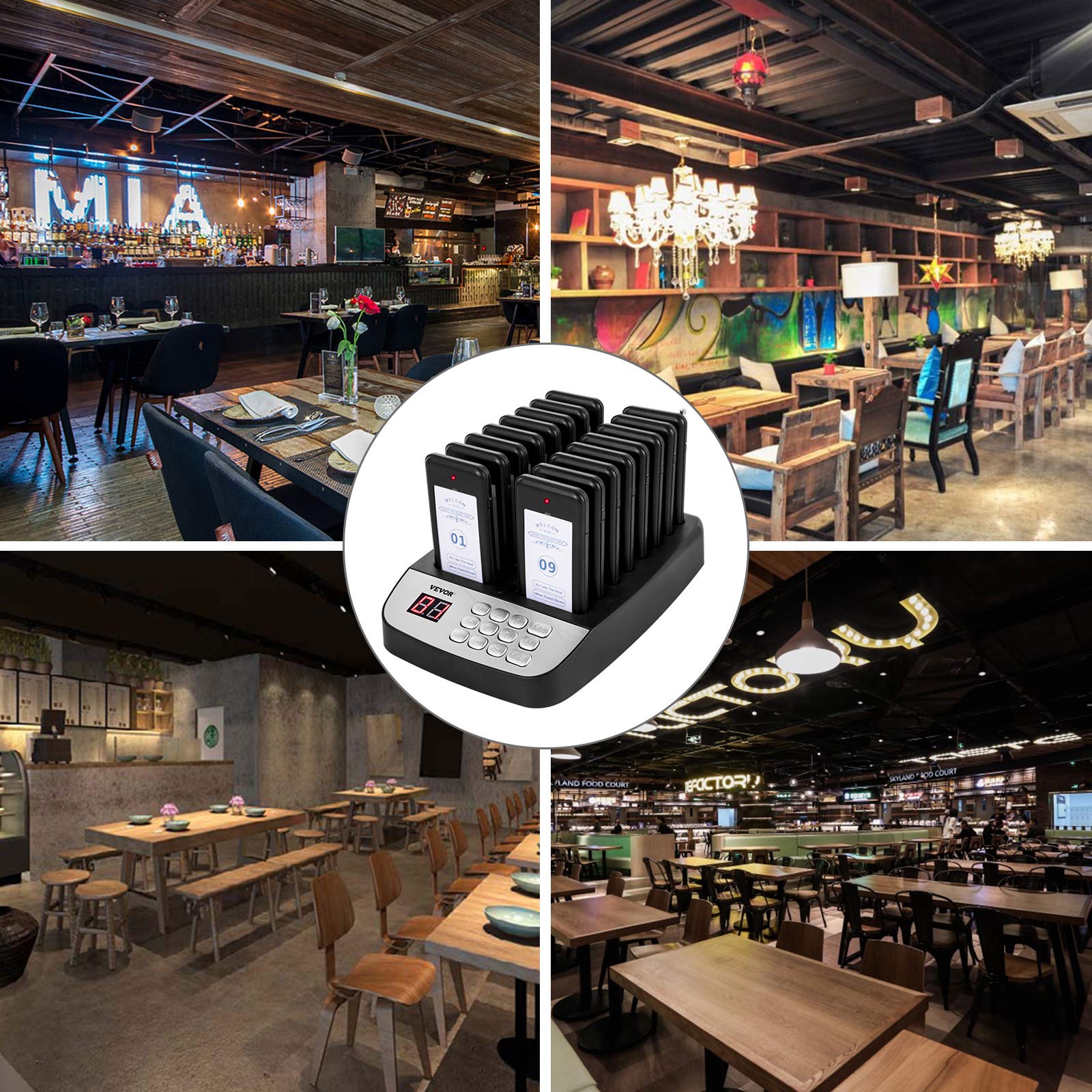 VEVOR F100 Restaurant Pager System 16 Pagers, Max 98 Beepers Wireless Calling System, Set with Vibration, Flashing and Buzzer for Church, Nurse,Hospital & Hotel