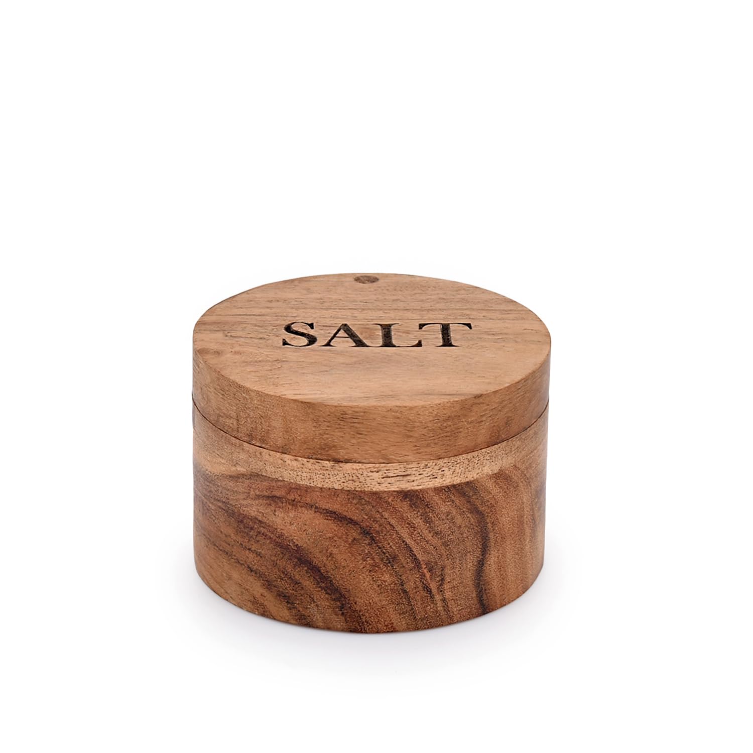 EDHAS Acacia Wood Round Condiment Pot with Magnetic Swivel Lids for Kitchen Countertop "Salt" Engraved on Lid (3.5β x 3.5β x 2.5β)