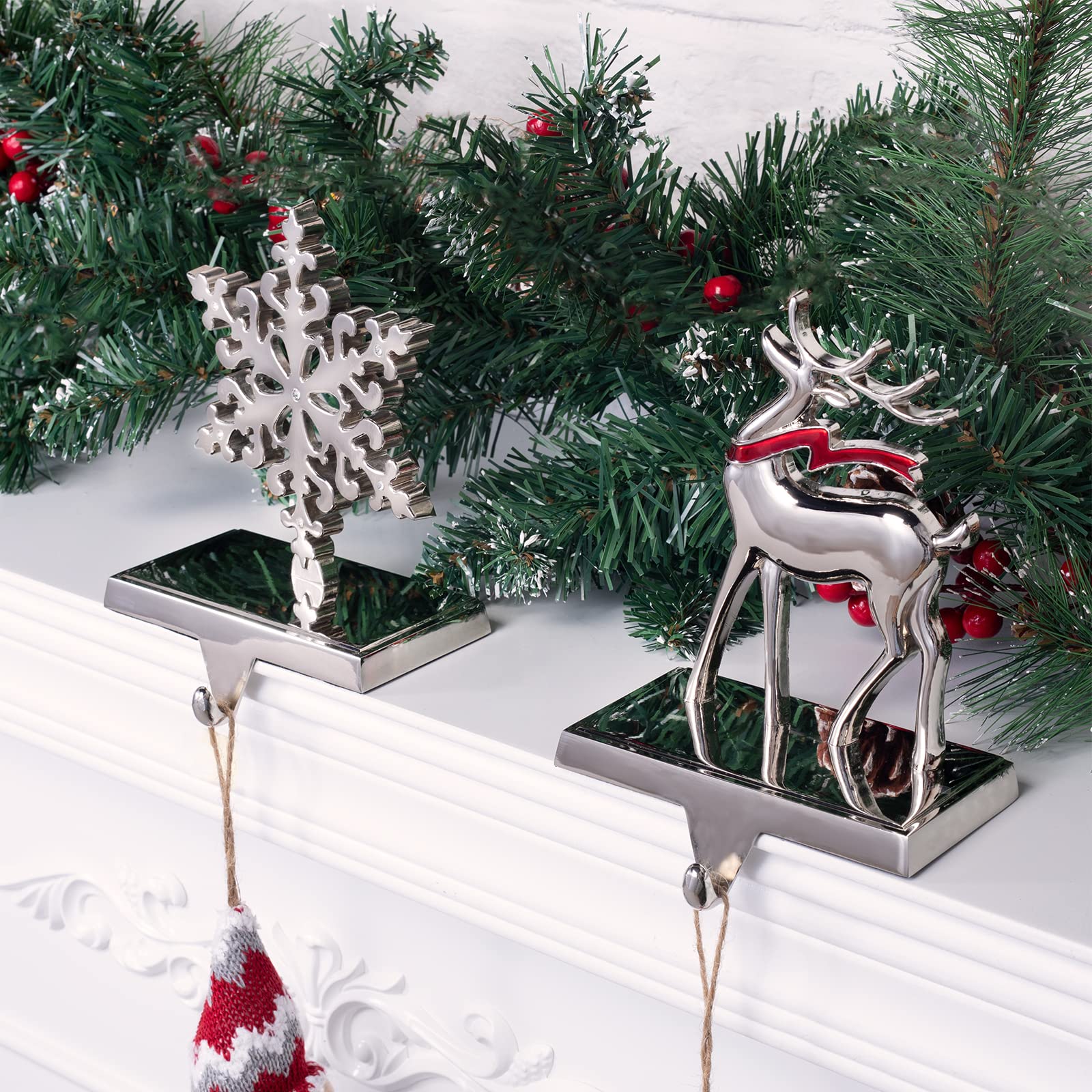 Ceramic Christmas Tree Stocking Holders for Mantle, Set of 2 Christmas Tree Stocking Hangers with LED Light for Fireplace, Green White Christmas Tree Stocking Hangers for Window Christmas Decoration