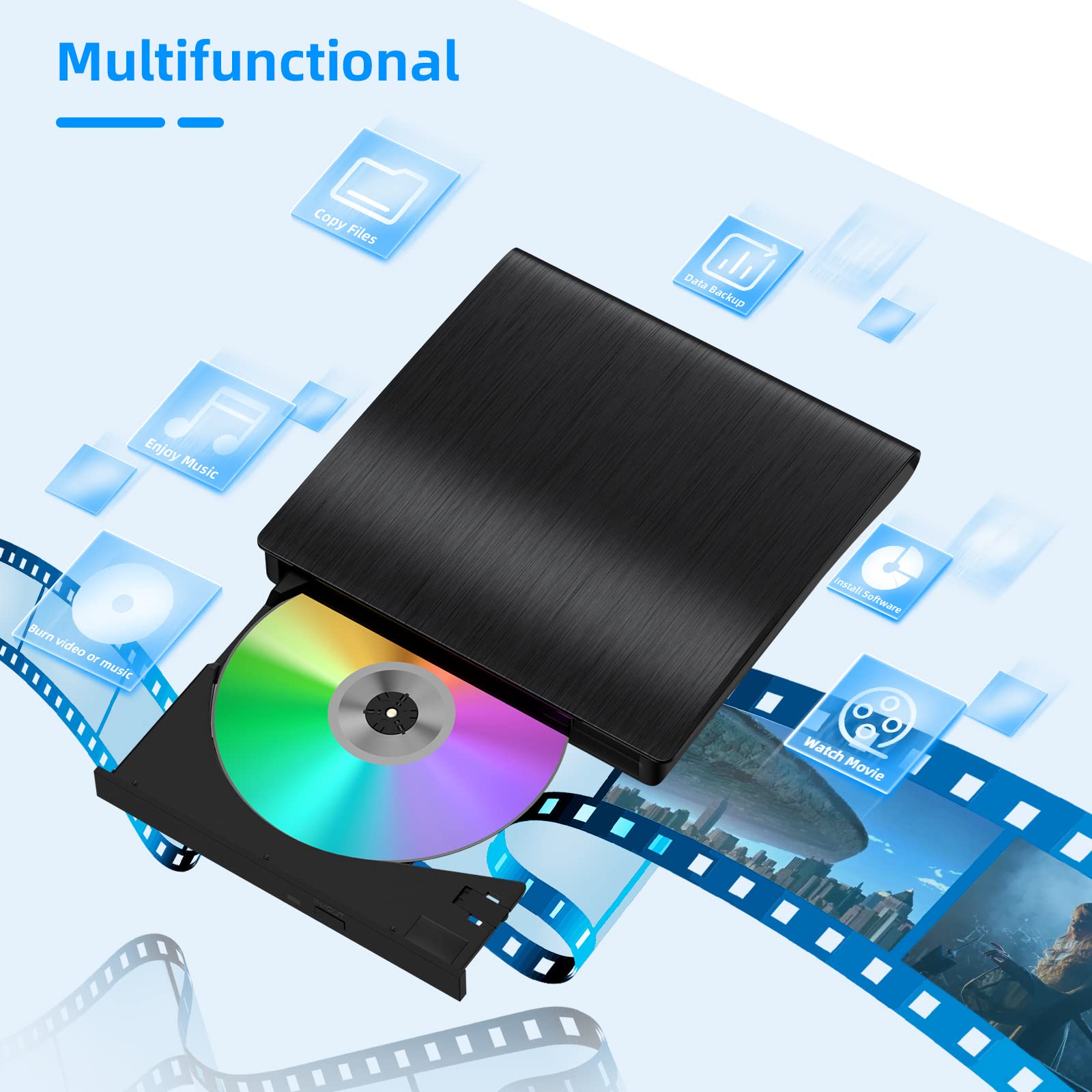 FEUHAISHI External DVD Drive, External DVD/CD ROM Writer for Laptop or Desktop, USB 3.0 Slim Portable CD DVD +/-RW Optical Drive Compatible with Windows XP/7/8/10, Mac OS, Linux