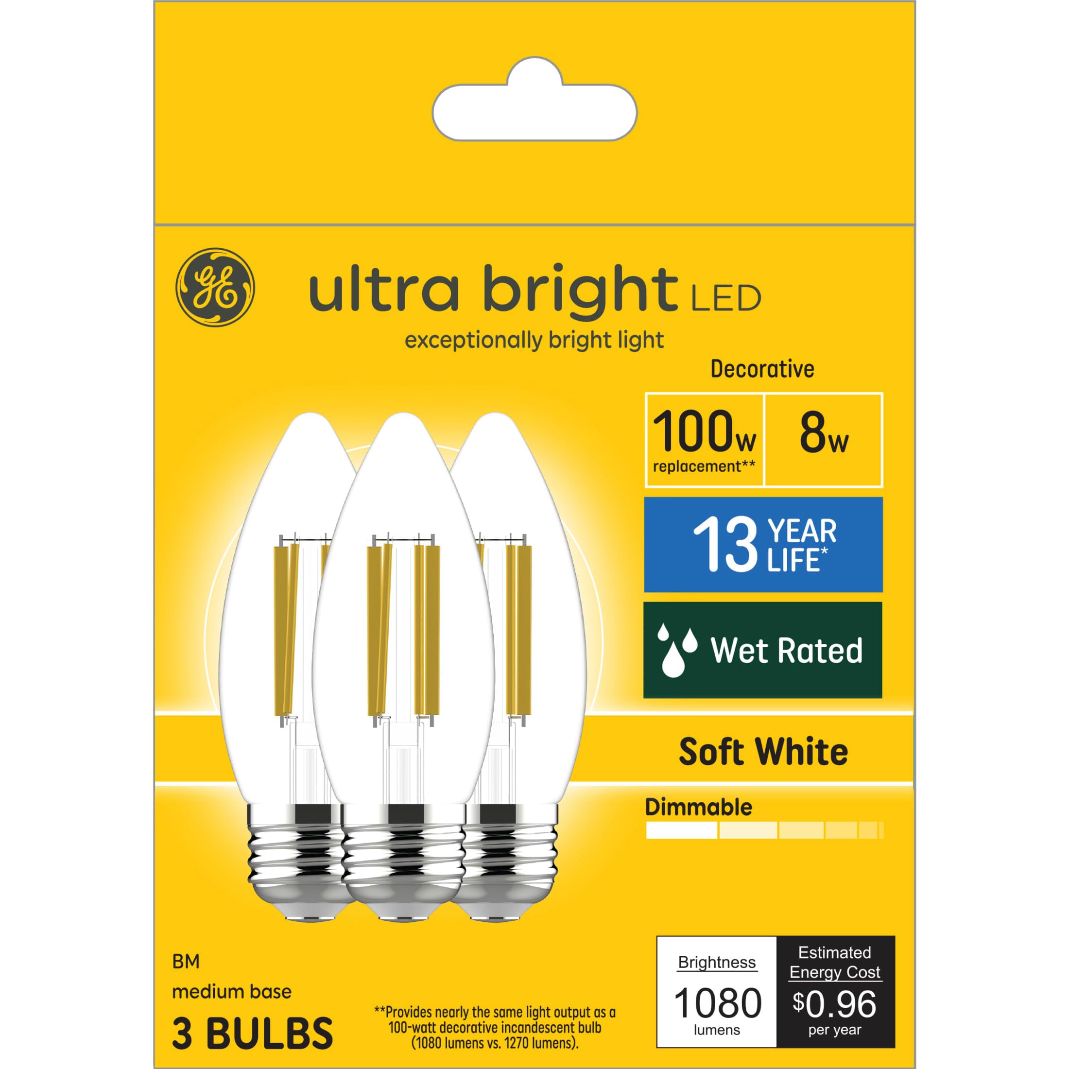 GE Ultra Bright LED Light Bulbs, 100W, Soft White Candle Lights, Clear Decorative B12 Light Bulbs (3 Pack)