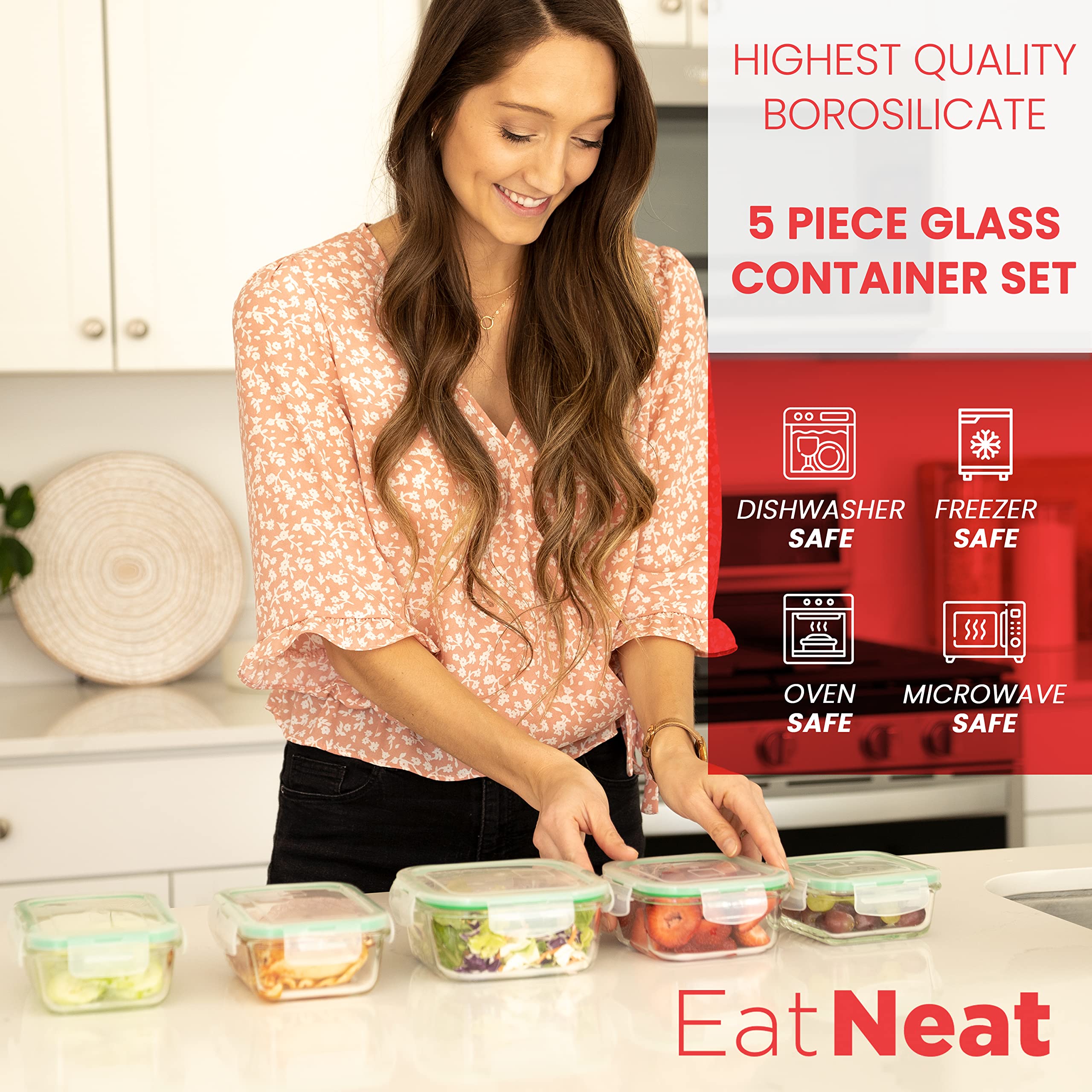 EatNeat 5-Pack of Glass Food Storage Containers with Airtight Snap Locking Lids to Keep Food Fresh Extra Large Bamboo Cutting Board Set