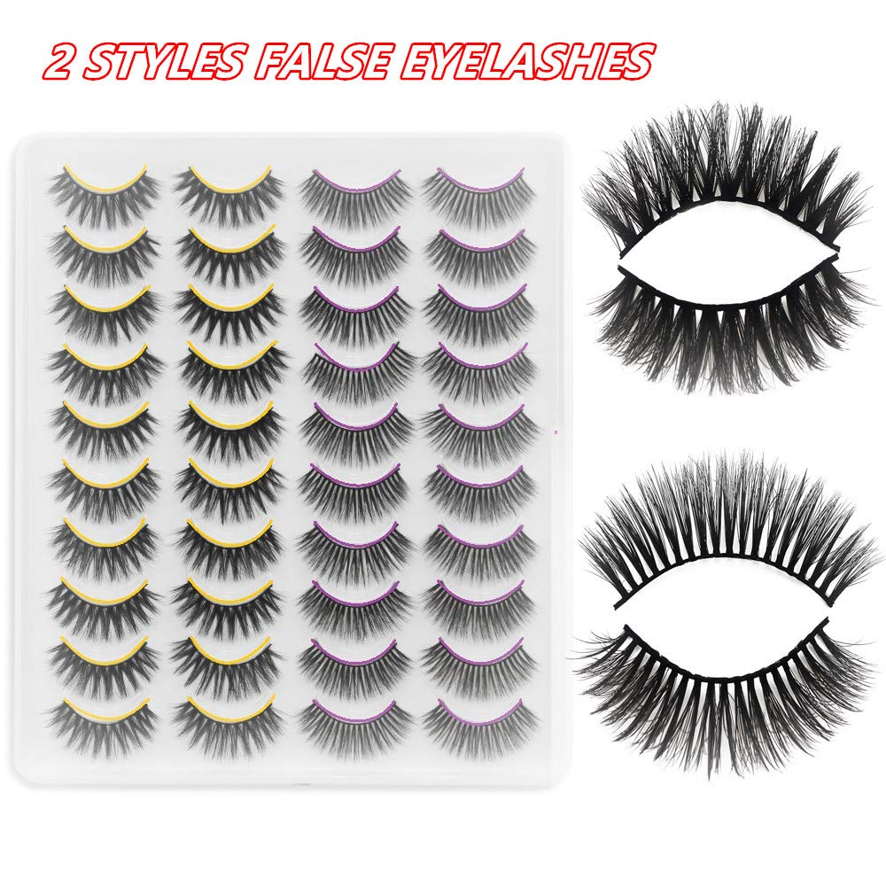 CINLITEK 3D Handmade Mink Lashes 20 Pairs 2 Styles Mixed False Eyelashes/Lashes Pack, Natural and Dramatic Look Lashes Makeup Fake Eyelashes(20CK03)