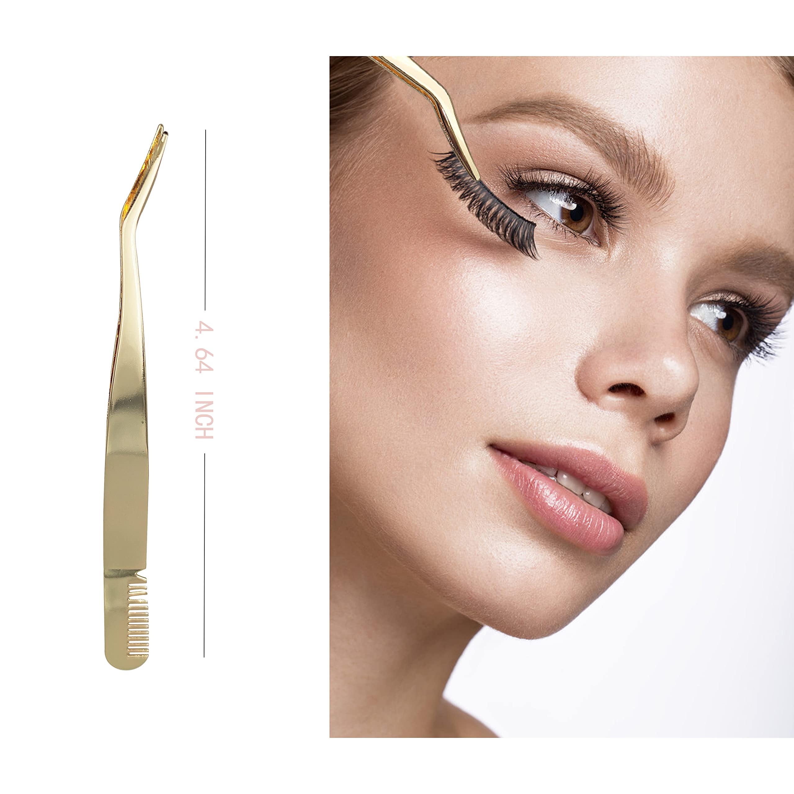 Eyelashes Applicator Tool Eyelash Extension Tweezers Remover Clip Tweezers Nipper (Gold with Eyebrow comb)
