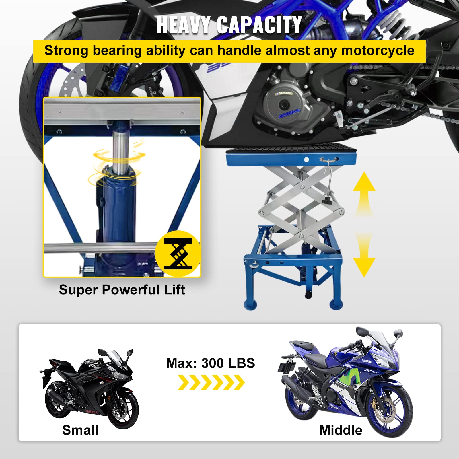 VEVOR Hydraulic Motorcycle Lift Table, 300LBS Hydraulic Motorcycle Scissor Jack, Portable Lift Table, Adjustable Motorcycle Lift Jack, Blue Motorcycle Lift Stand