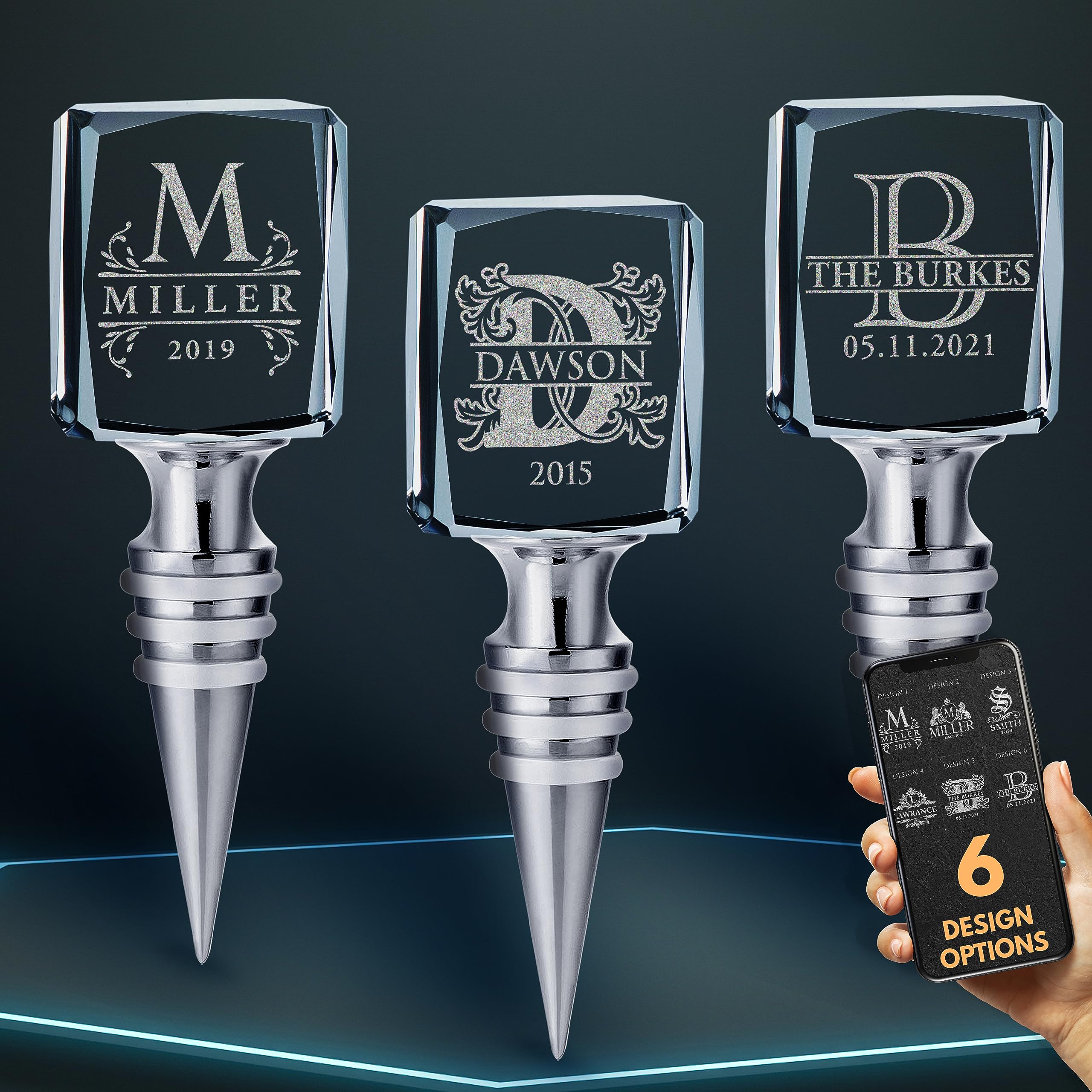 DEEP 3D Personalized Wine Stopper, Wedding Gift, Custom with Initial - Name - Date - 3D Crystal Bottle Stopper, Father Gifts (Crystal, Octagon)