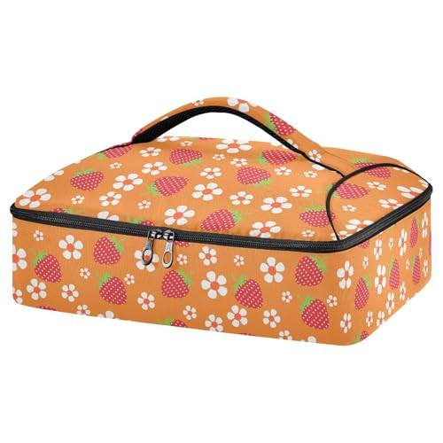 Kcldeci Insulated Thermal Food Carrier Insulated Casserole Carrier for Hot or Cold Food,Flowers and Strawberries on Orange Insulated Tote Bag for Potluck Cookouts Parties Picnic,Lasagna Lugger