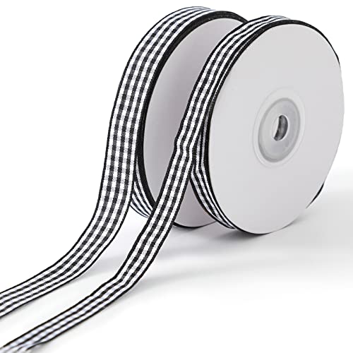 ZQYSING Black White Gingham Ribbons - White Black Buffalo Check Ribbons 3/8" and 5/8" x 50 Yards Black Plaid Fabric Ribbons for DIY Crafts Gift Bows Decoration Bouquet