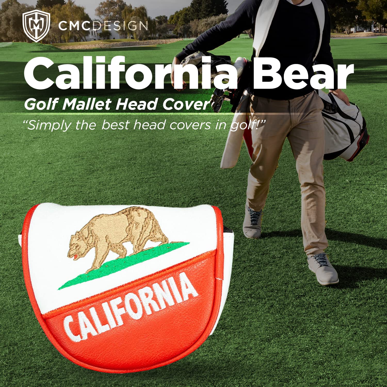CMC Design Golf Mallet Head Cover - Custom California Bear Embroidered Golf Driver - Premium Faux Leather, Beautiful Design Elements & Soft Protective Lining β Great Fit for Any Mallet & Golfer
