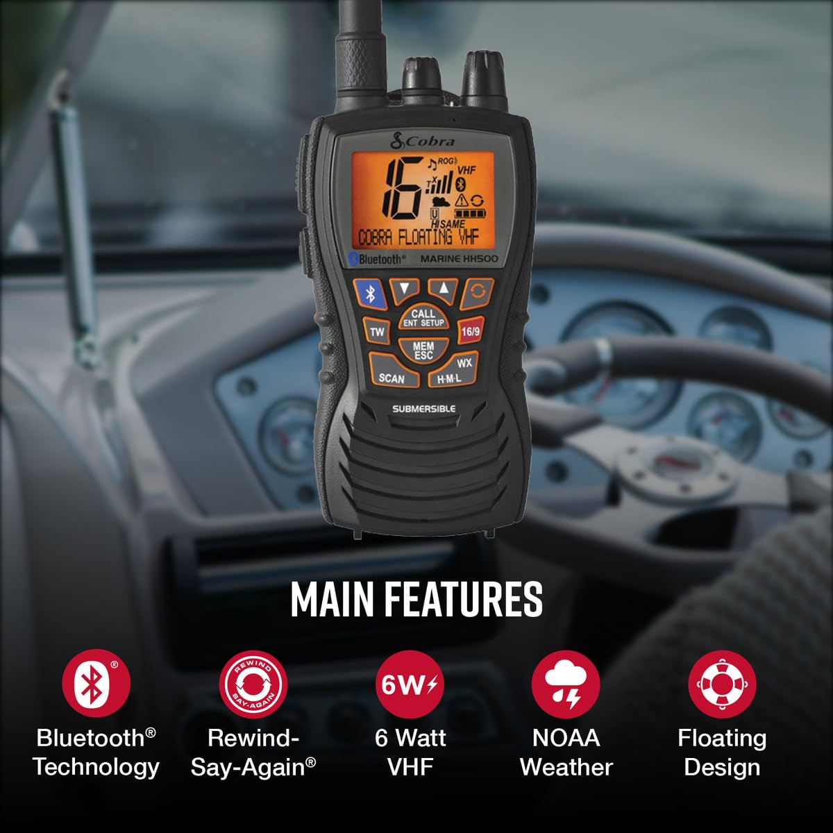 Cobra MR HH500 FLT BT Handheld Floating VHF Radio – 6 Watt, Bluetooth, Submersible, Noise Cancelling Mic, Backlit LCD Display, Floating and Waterproof Design (IP67 rating), Memory Scan, Black