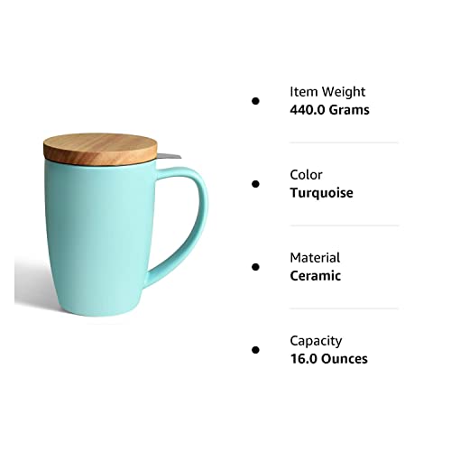 COYMOS Ceramic Tea Mug with Infuser and Lid, 16oz Loose Leaf Tea Cup Large Handle Teaware Mug, Tea Lover Gifts for Women and Man (Turquoise)