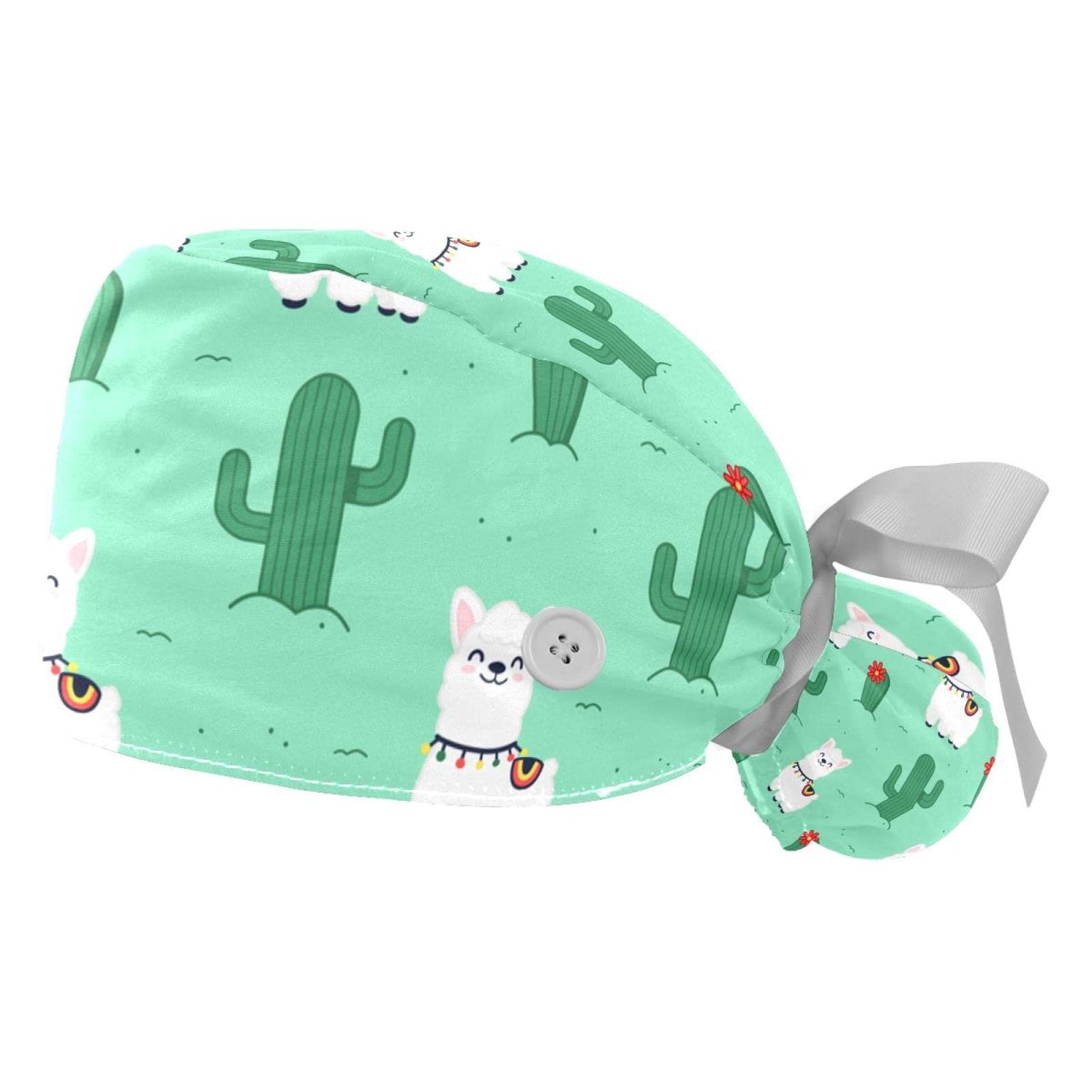 Cute Llama Alpaca Cactus Flower Working Caps with Buttons & Sweatband, Adjustable Scrub Hats for Women, Multicolor