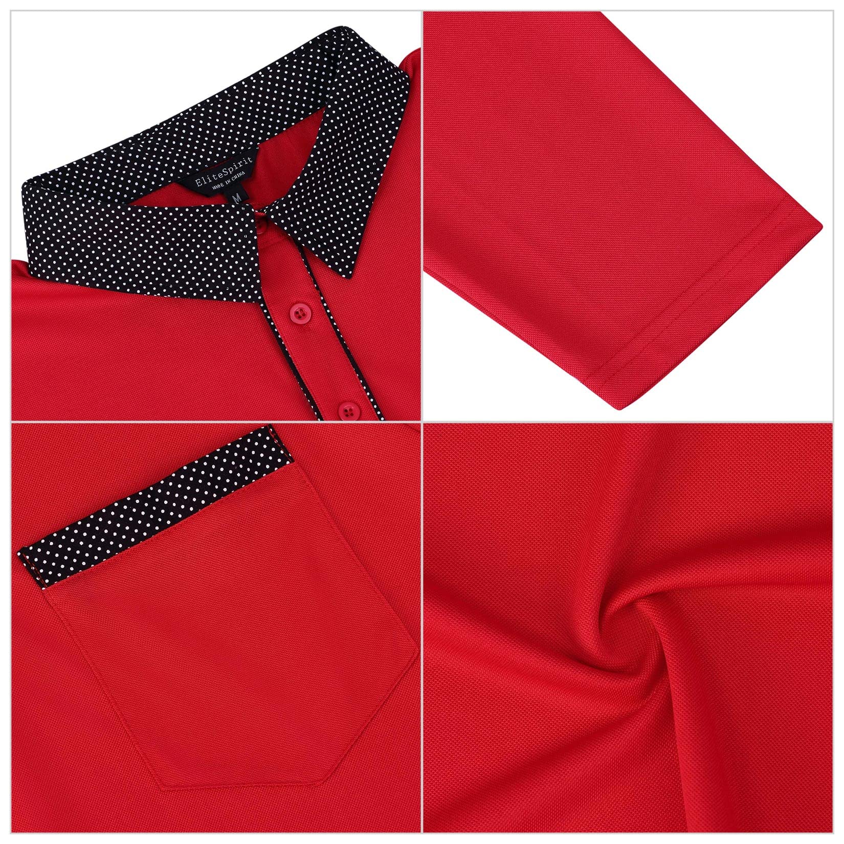 EliteSpirit Mens Long Sleeve Polo Shirts Casual Polka Dot Collared Golf Shirt with Pockets Wine Red S